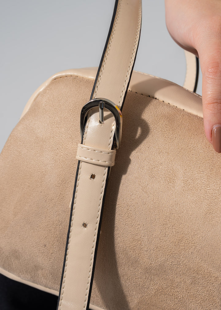 Suede-Panel Bowling Bag-beige – cannella